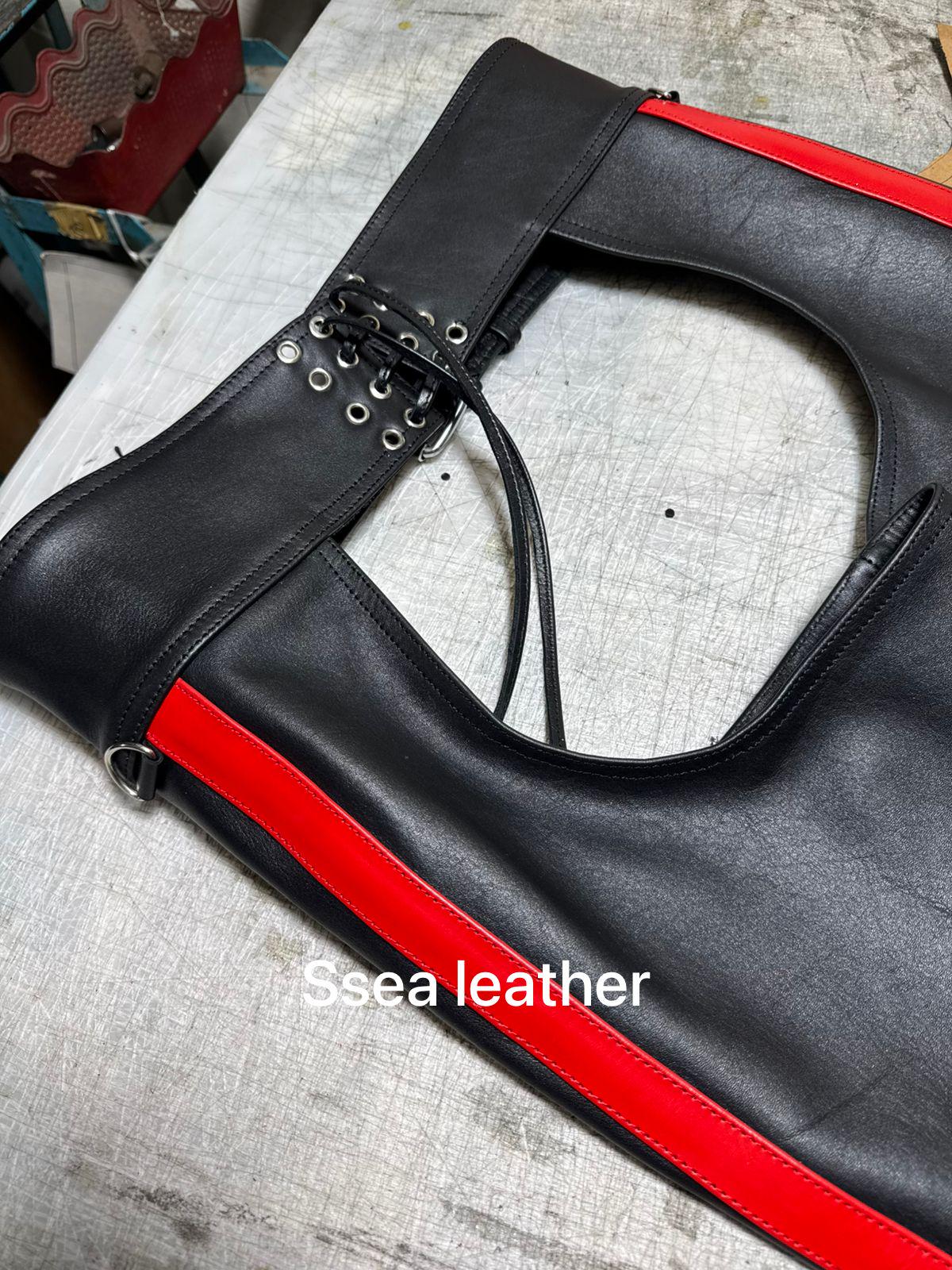 Black Leather Biker Chaps With Red Stripes: Genuine Cow Leather, LGBT ...
