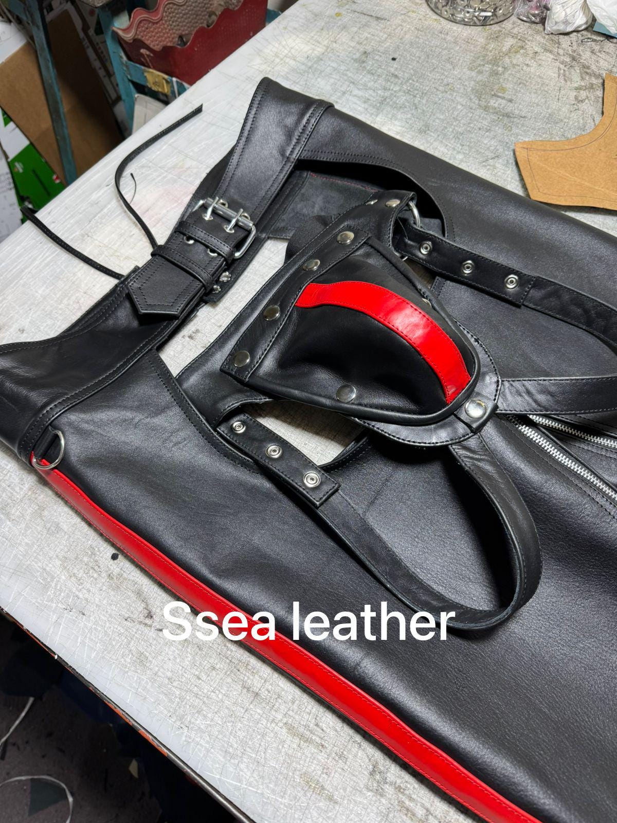 Black Leather Biker Chaps With Red Stripes: Genuine Cow Leather, LGBT ...
