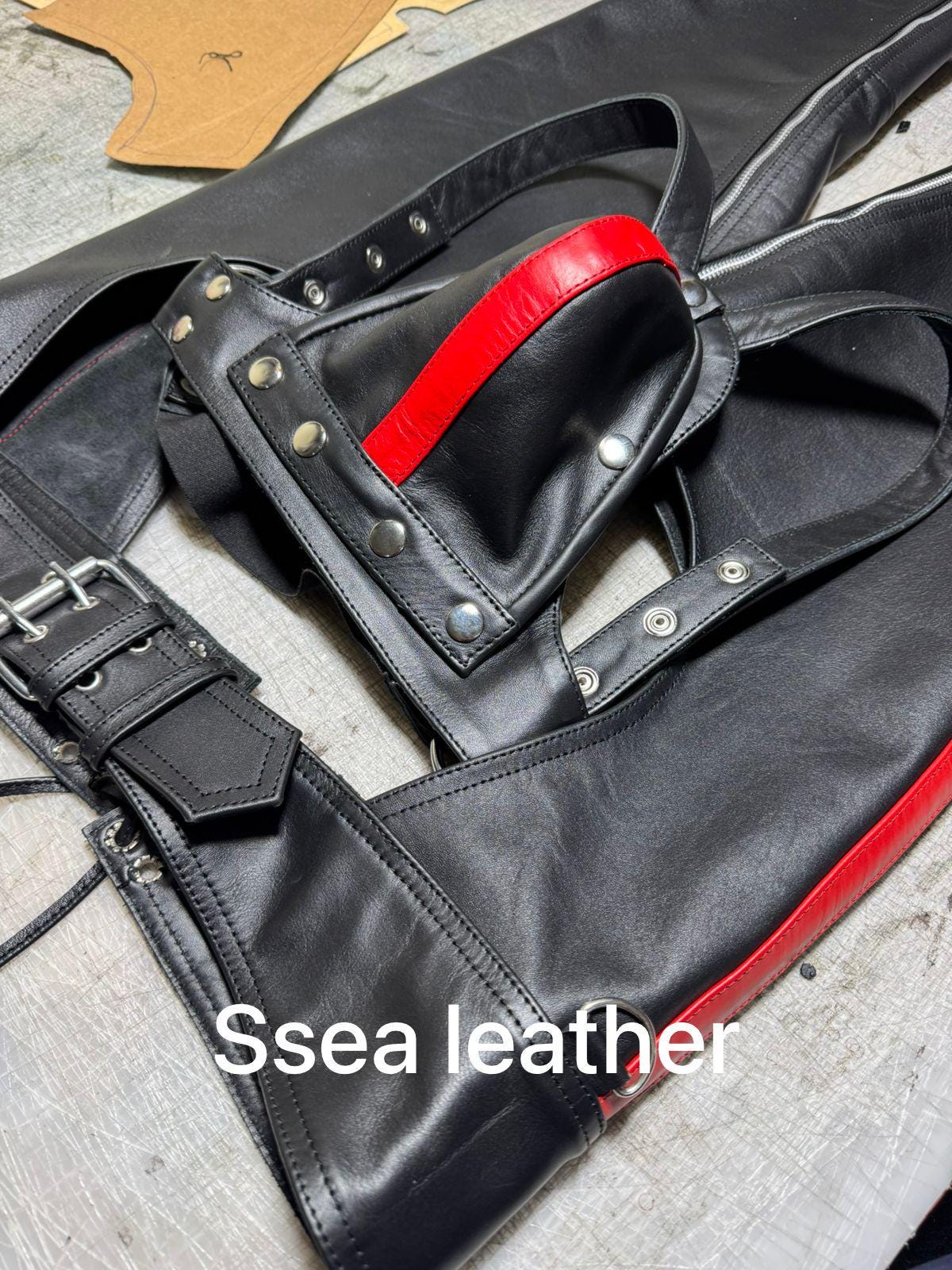 Black Leather Biker Chaps With Red Stripes: Genuine Cow Leather, LGBT ...
