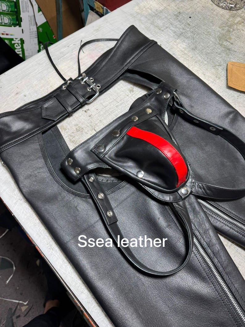Black Leather Biker Chaps With Red Stripes: Genuine Cow Leather, LGBT ...