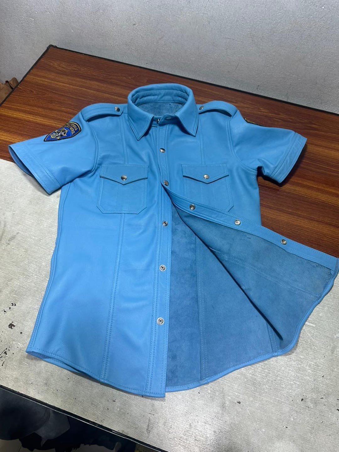 New Men's Cow Soft Leather Sky Blue Half Sleeves Shirt With NYPD & CHP ...