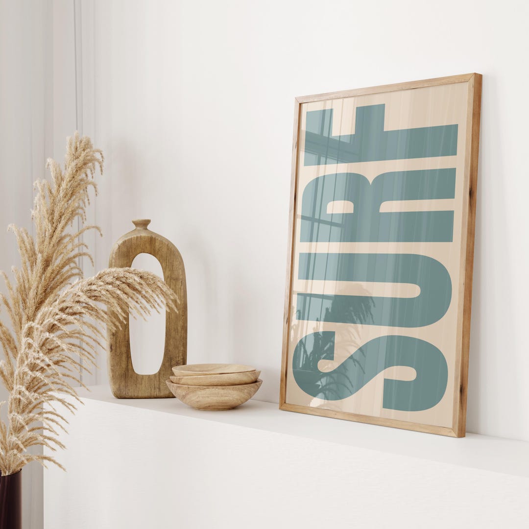 Surf Poster Blue Beige Typography Surfing Print - Etsy