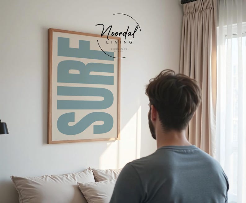 Surf Poster Coastal Wall Art Minimalist Ocean Art Blue Beige Typography ...