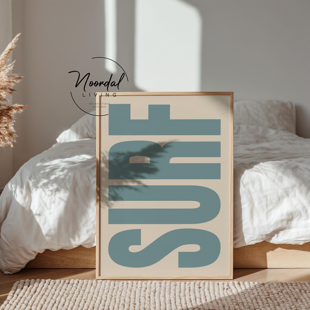 Surf Art in Blue and Beige With Bold Typography for Beach Lovers - Etsy