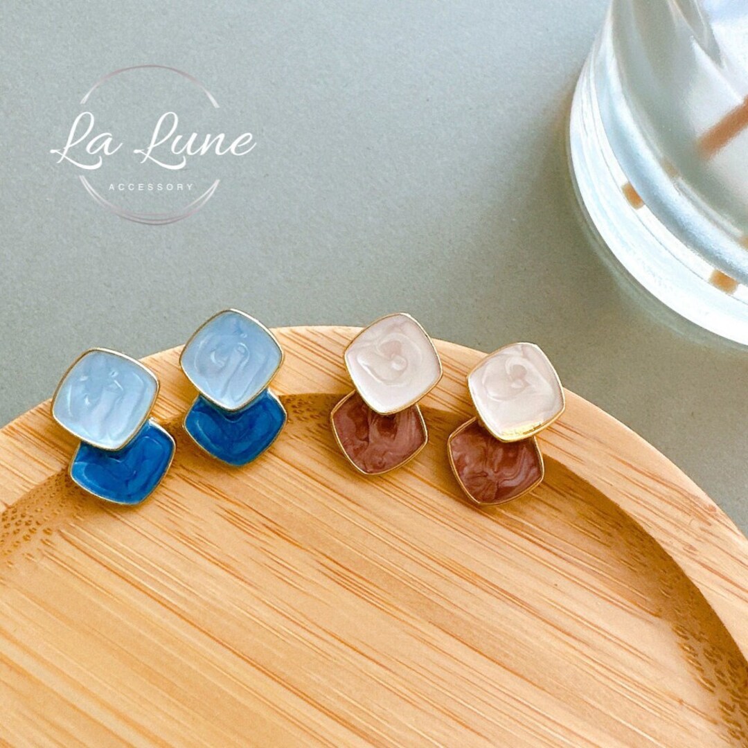 Dark Red / Blue Dual Tone Earrings, Square Earrings, Geometric Earrings ...
