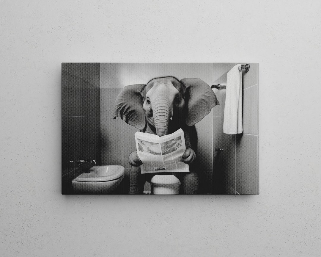 Funny Mural Elephant on Toilet Wall Art on Canvas for Bathroom Funny ...