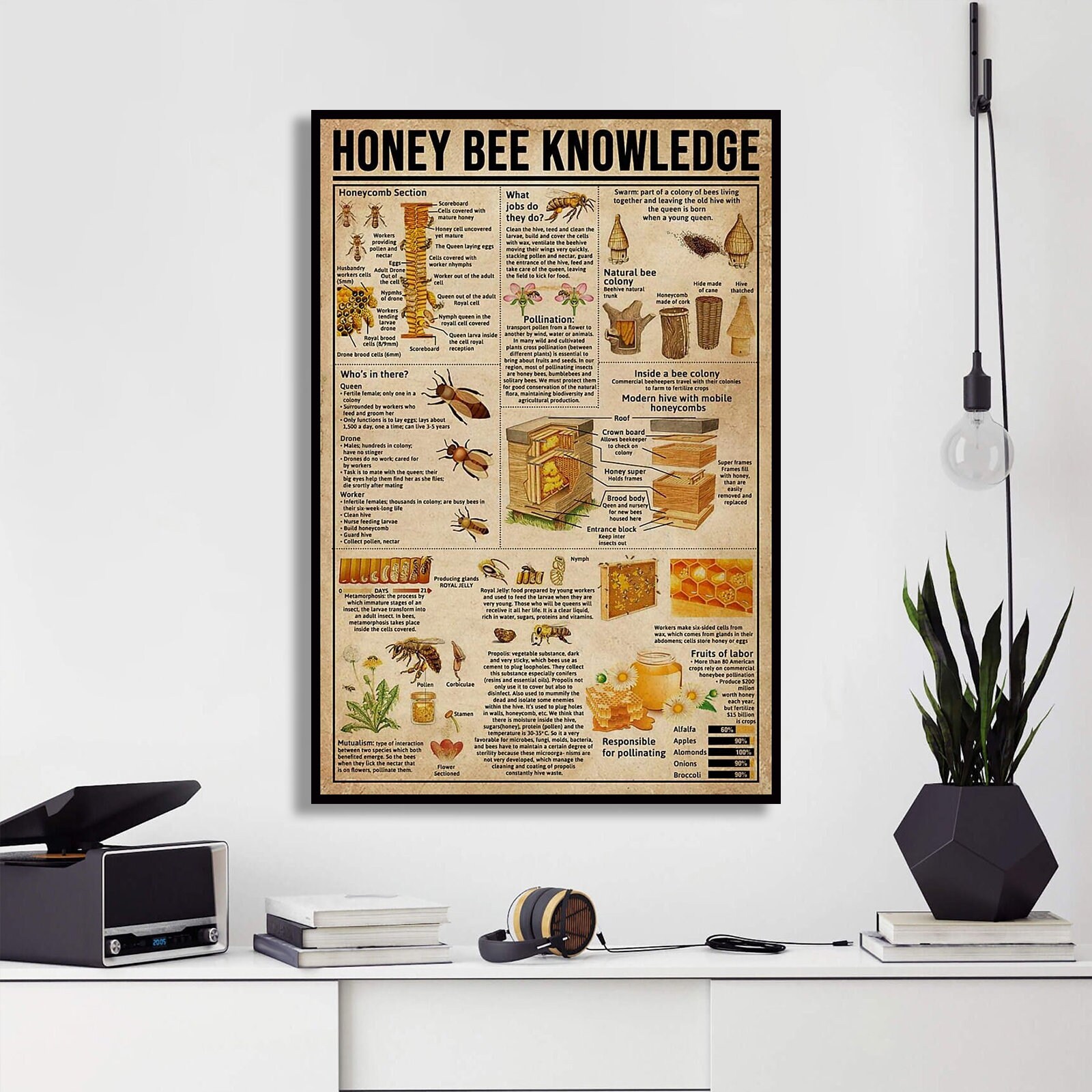 Honey Bee Knowledge Poster Honey Bee Lover Gift, Bee Poster, Wall Art ...