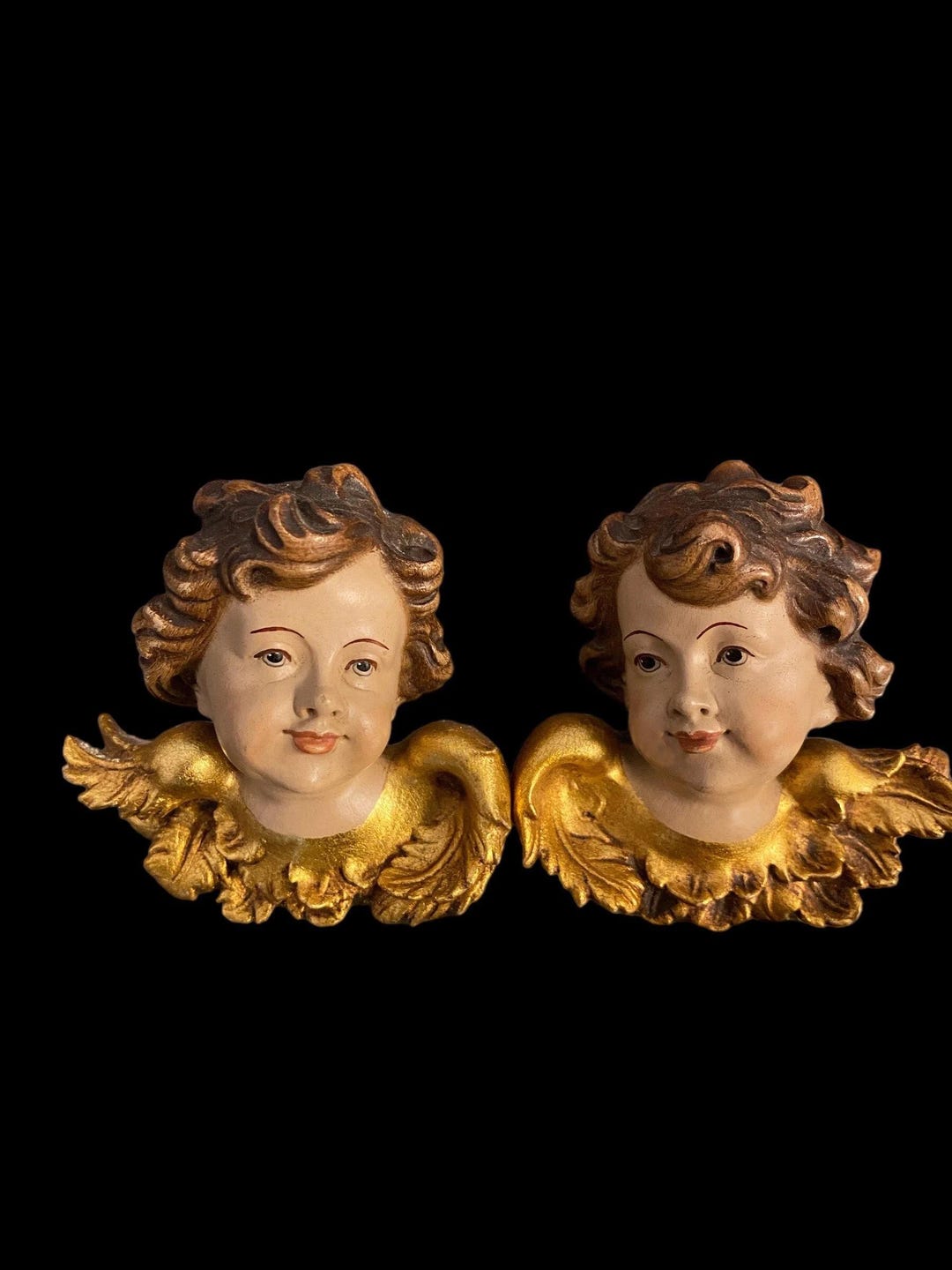 Pair of Angel Heads Sculpted and Hand Painted, H Cm, 8 X W Cm 8 Antique ...