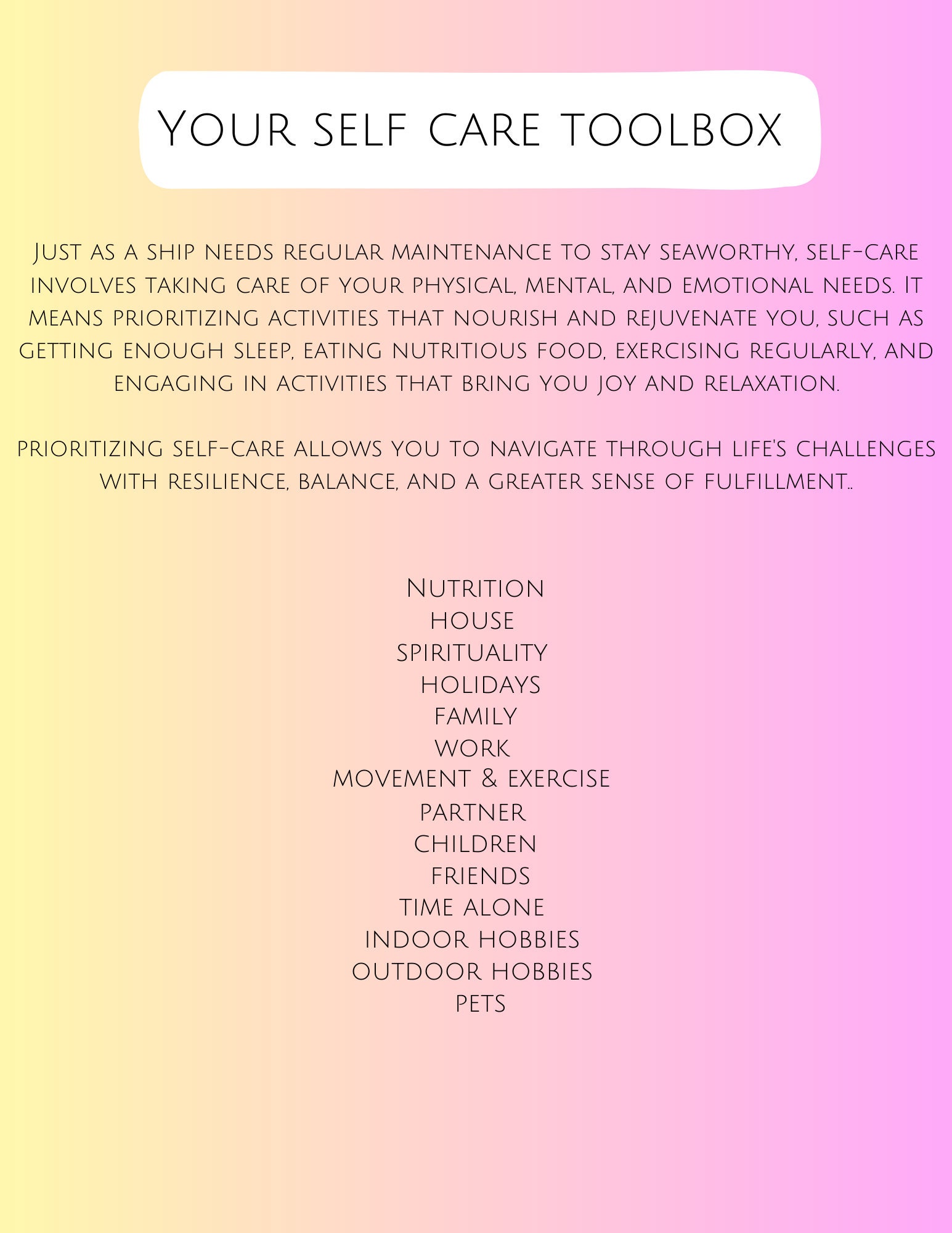 Self Care Worksheet - Etsy