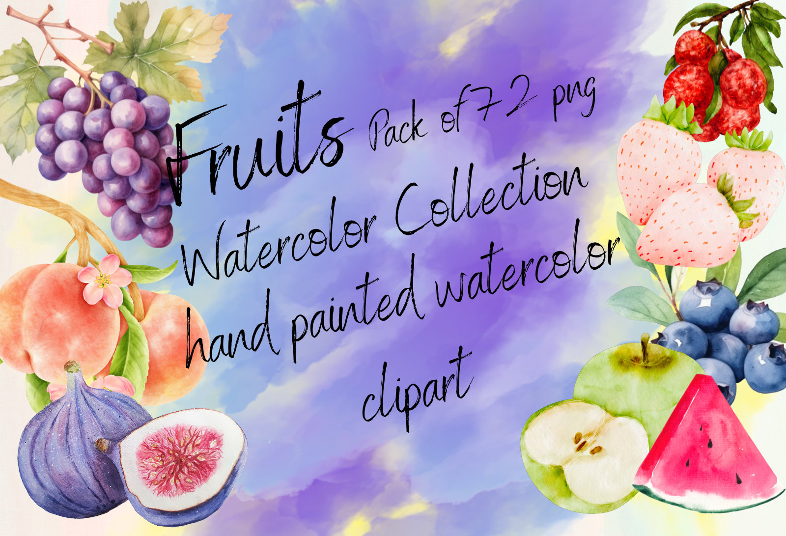 Watercolor Fruits Clipart Commercial Use Apple Watermelon - Etsy
