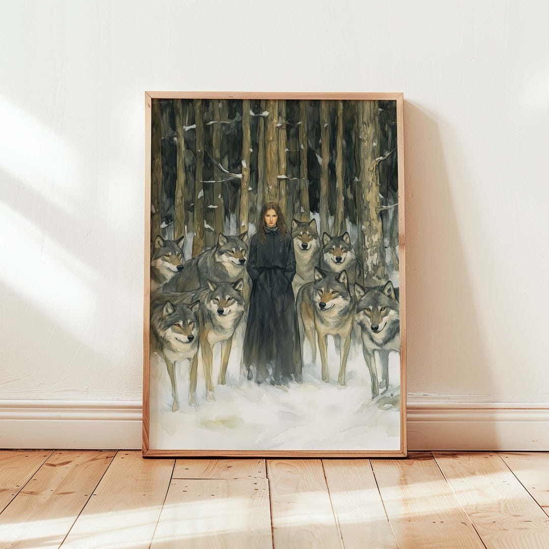 Modern Wolf Pack Wall Art Woman & Wolves in Forest Print Mystical ...