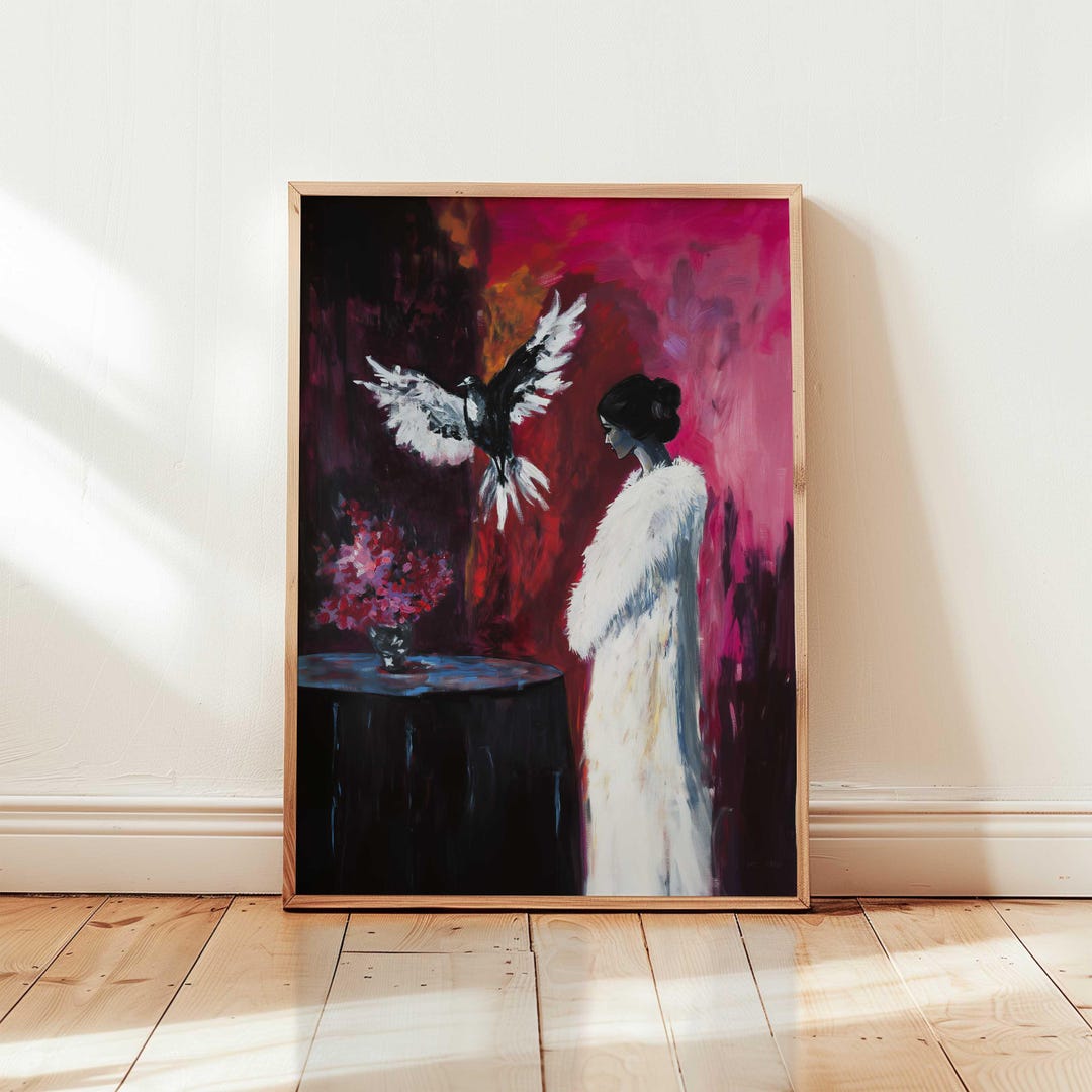 Folk Art Portrait Print | Woman & Magpie Bird | Whimsical Acrylic ...