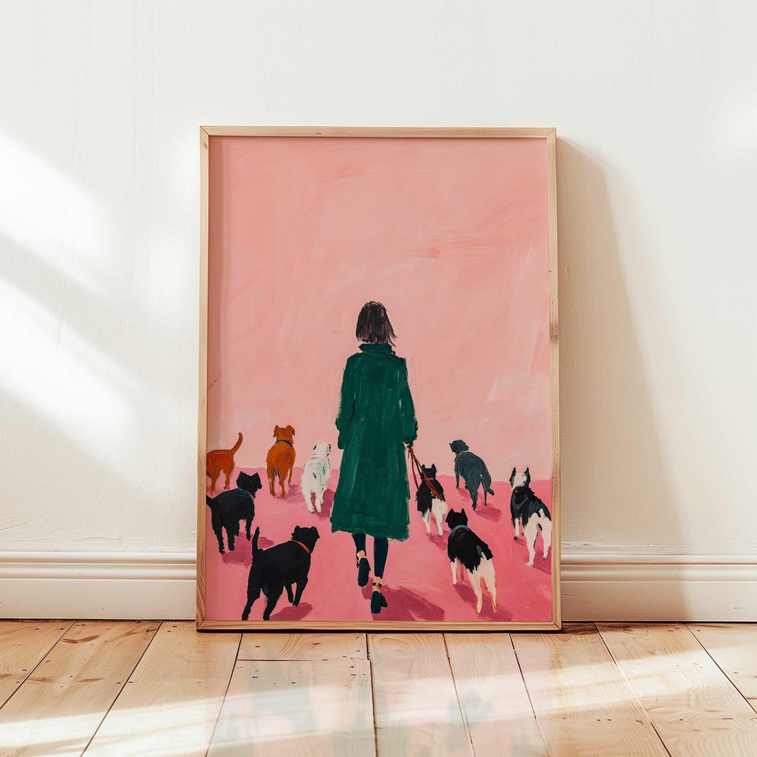 Dog Walker Art Print | Modern Abstract Dog Lover Wall Art | Pink ...