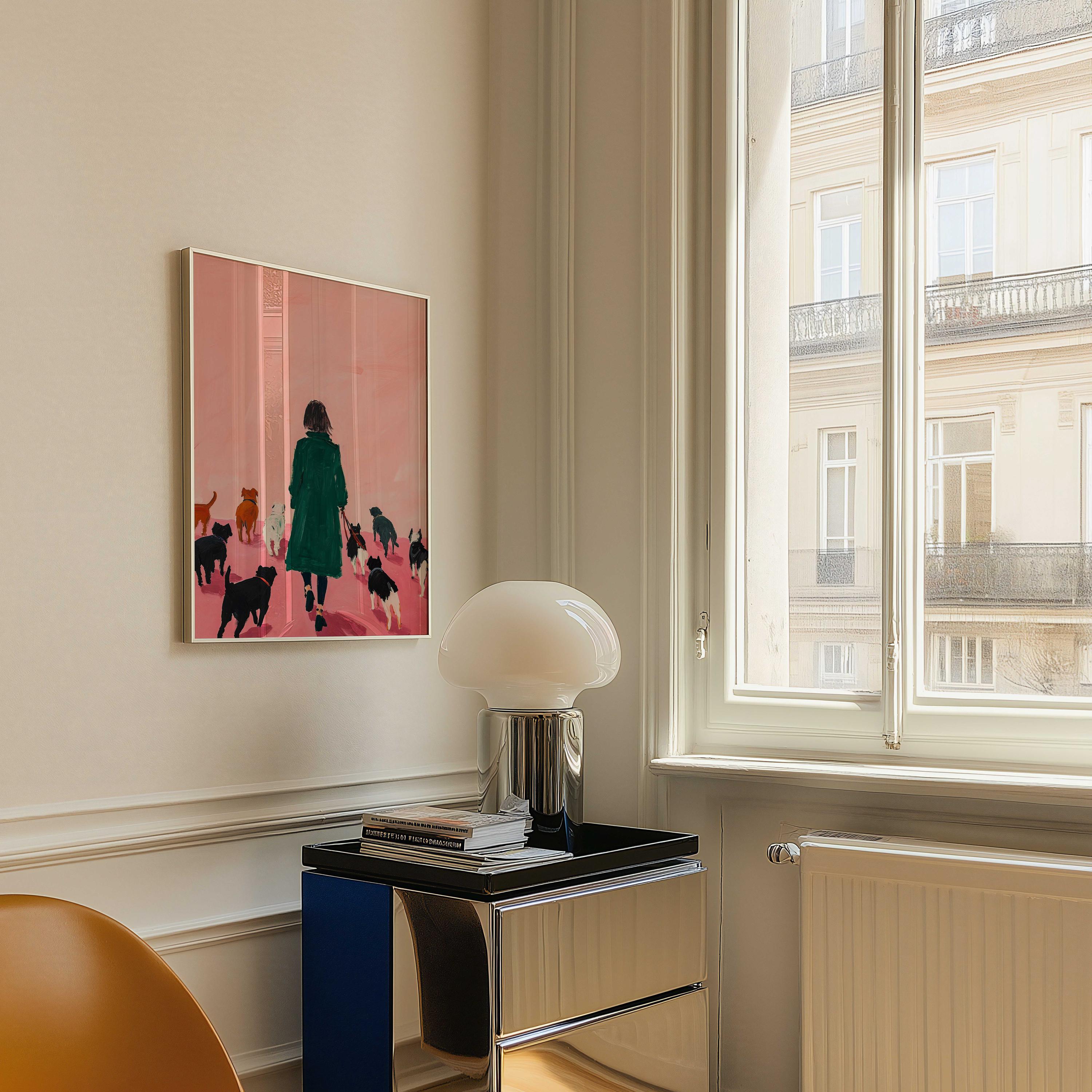 Dog Walker Art Print | Modern Abstract Dog Lover Wall Art | Pink ...