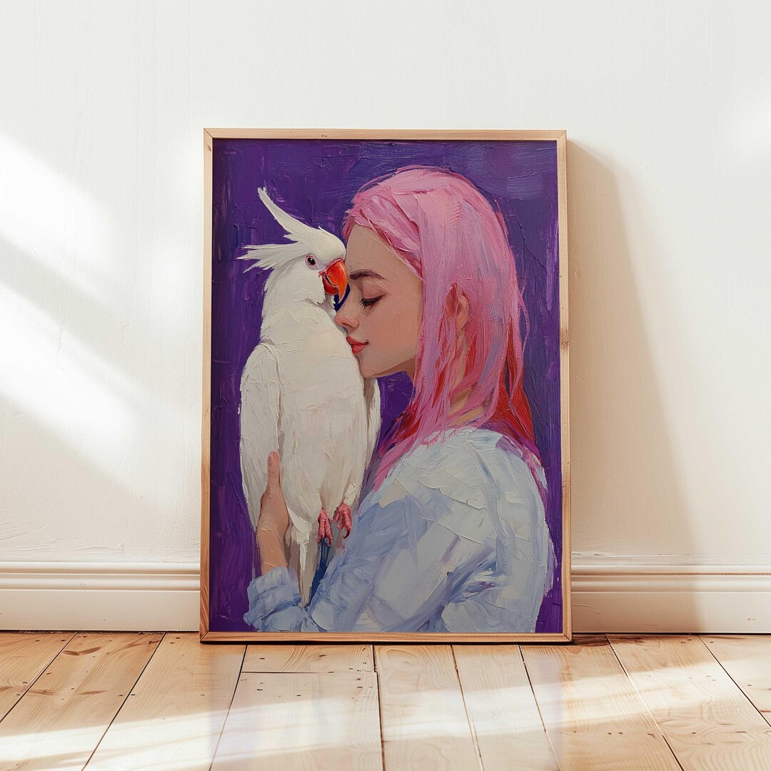 Pink Hair Girl With Cockatoo Modern Animal Portrait Vibrant Bird Lover ...