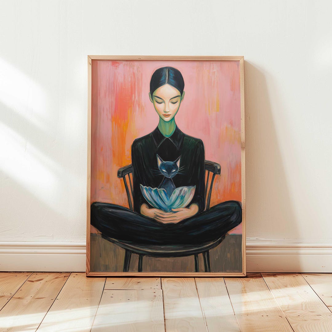 Black Cat Portrait Print: Modern Woman & Cat Colorful Wall Art - Etsy