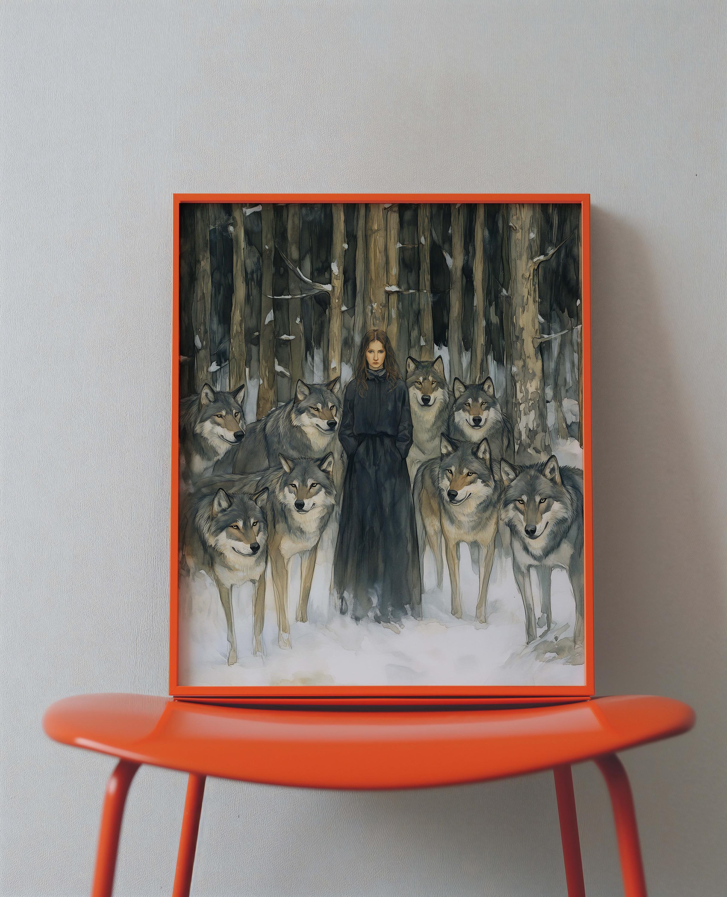 Modern Wolf Pack Wall Art Woman & Wolves in Forest Print Mystical ...