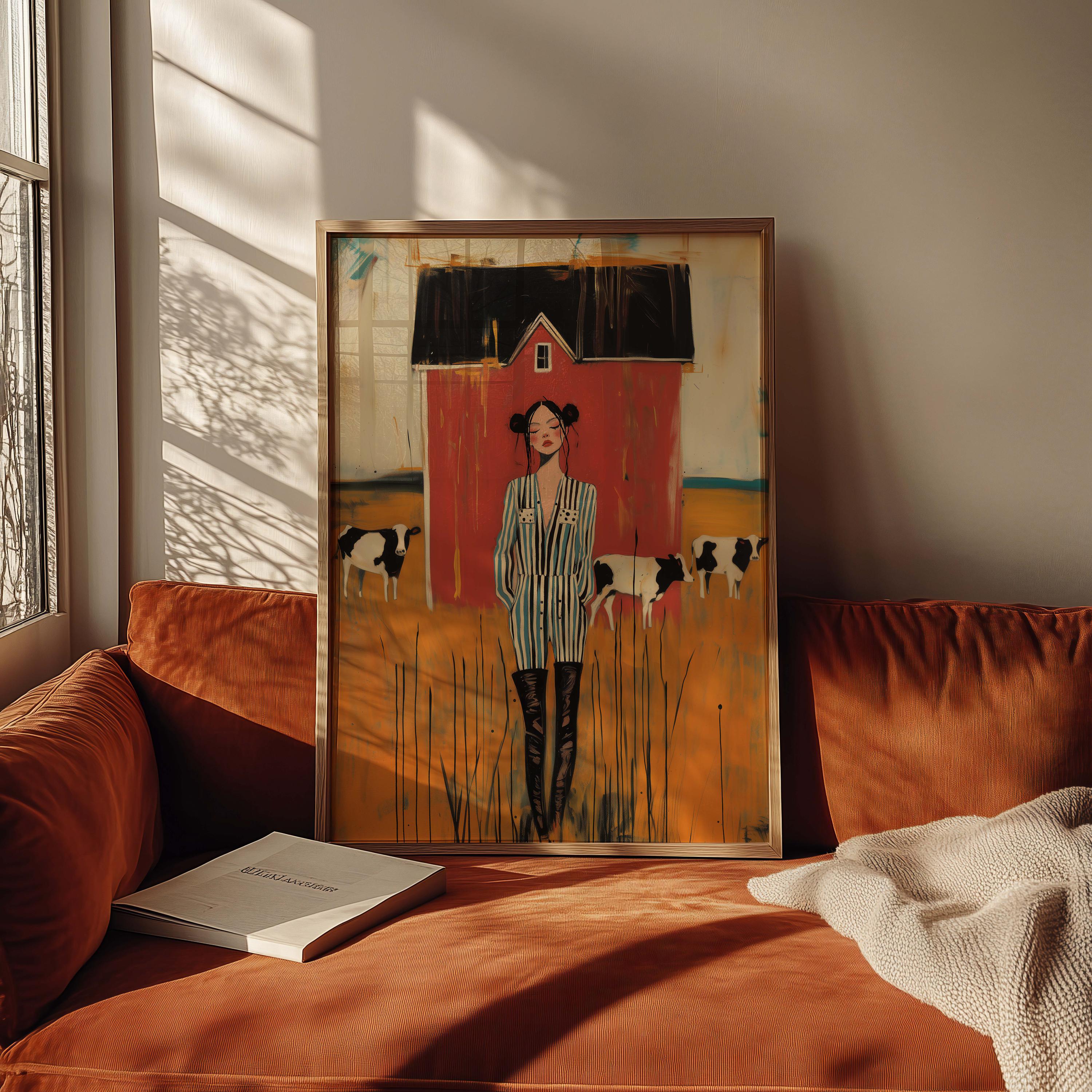 Farmhouse Girl Print Country Fashion Wall Art Modern Cow Print Red Barn ...