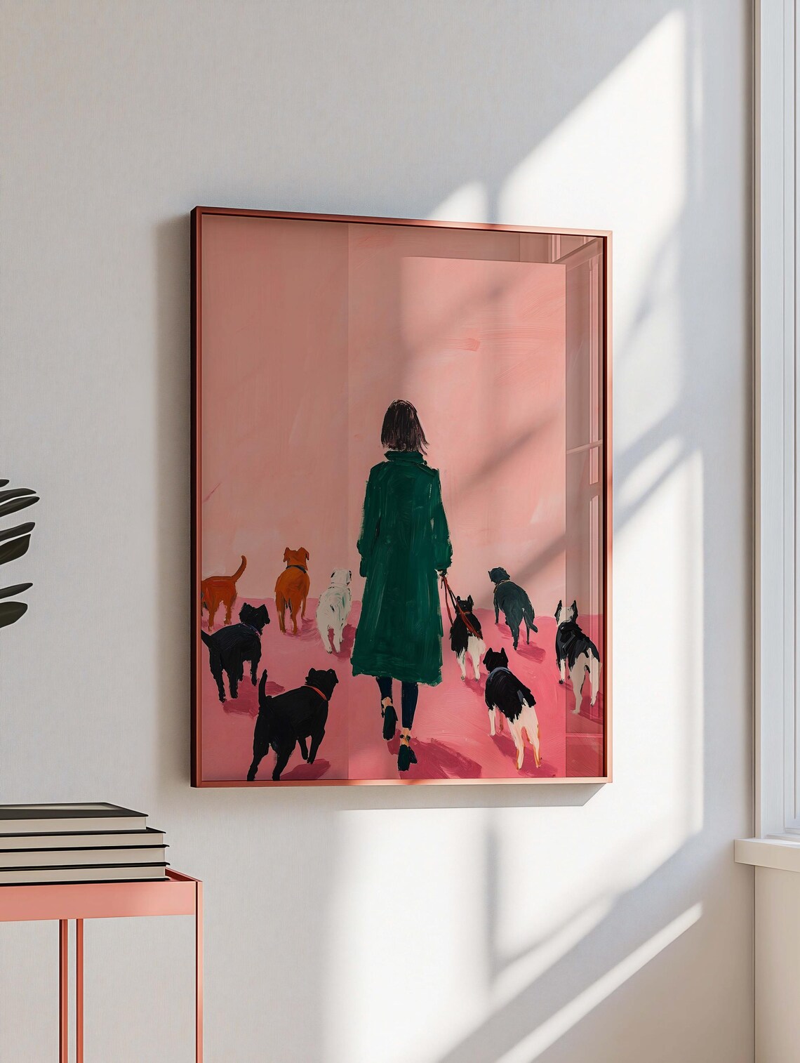 Dog Walker Art Print | Modern Abstract Dog Lover Wall Art | Pink ...
