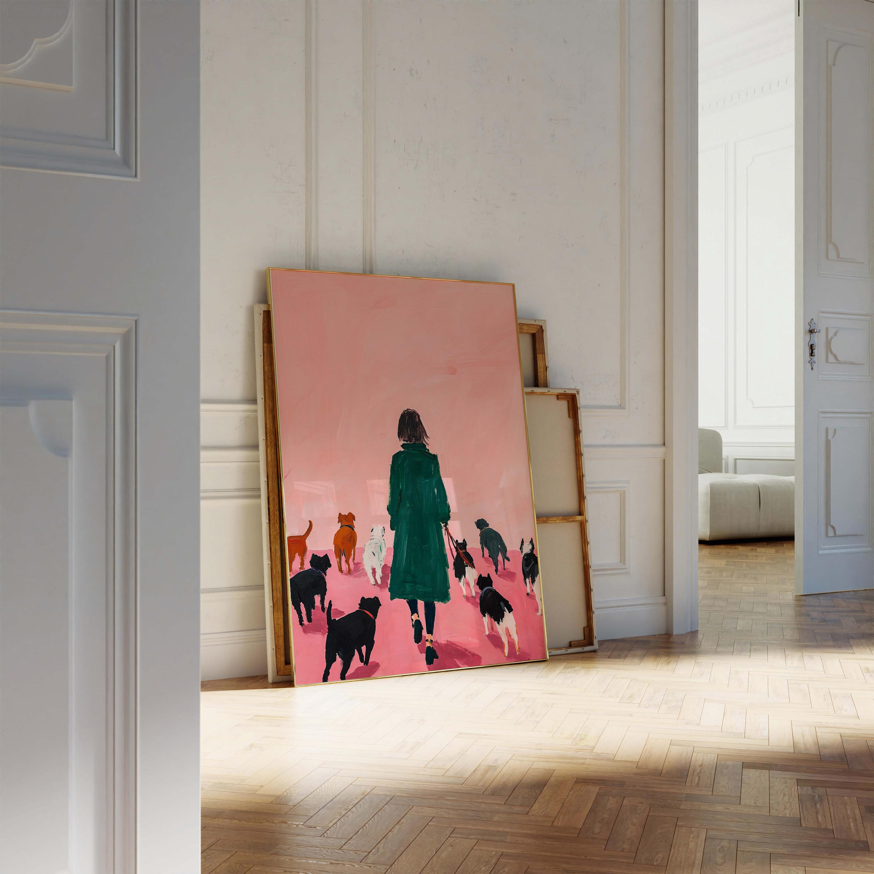 Dog Walker Art Print | Modern Abstract Dog Lover Wall Art | Pink ...
