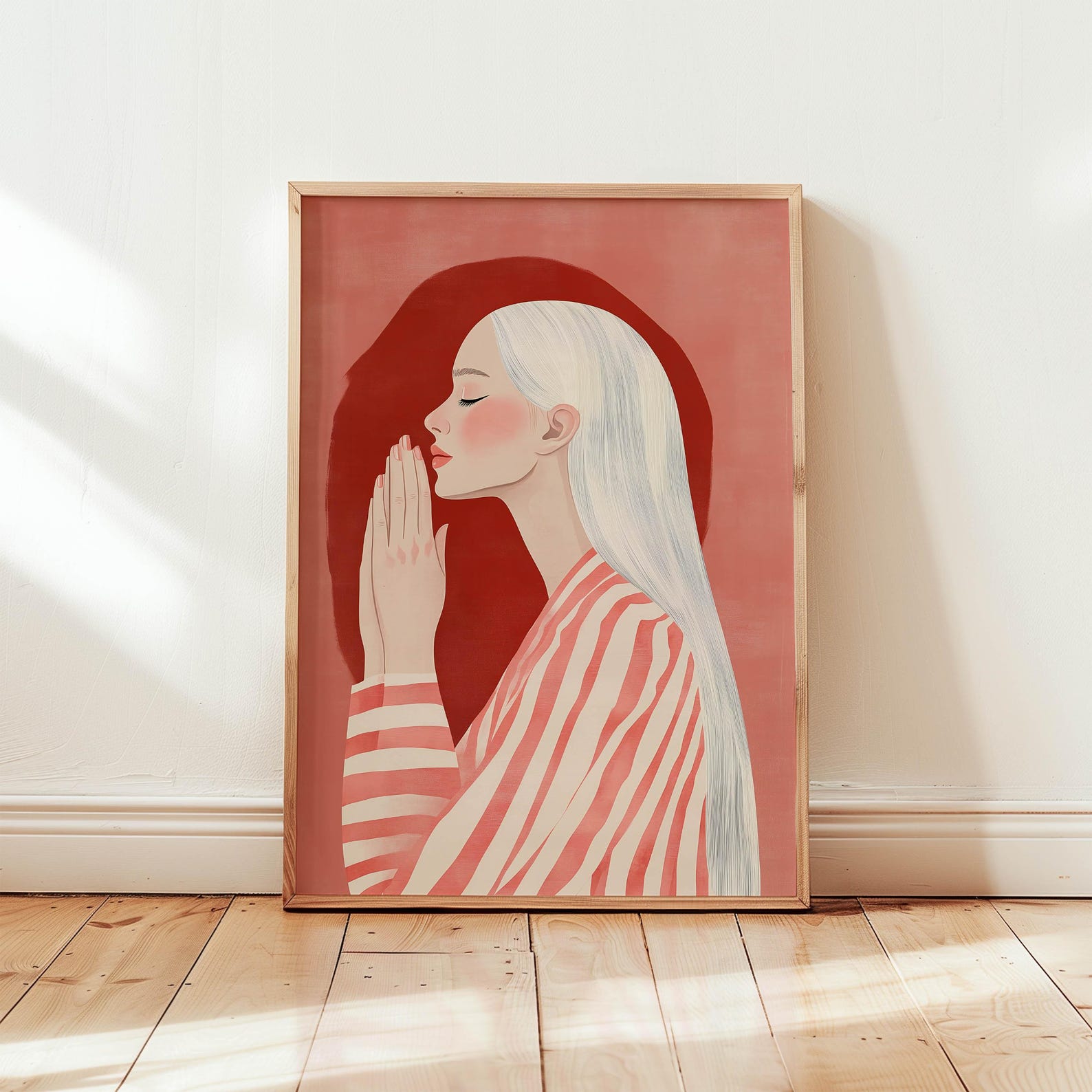 Praying Woman in Striped Pajamas Modern Minimalist Art Print Serene and ...