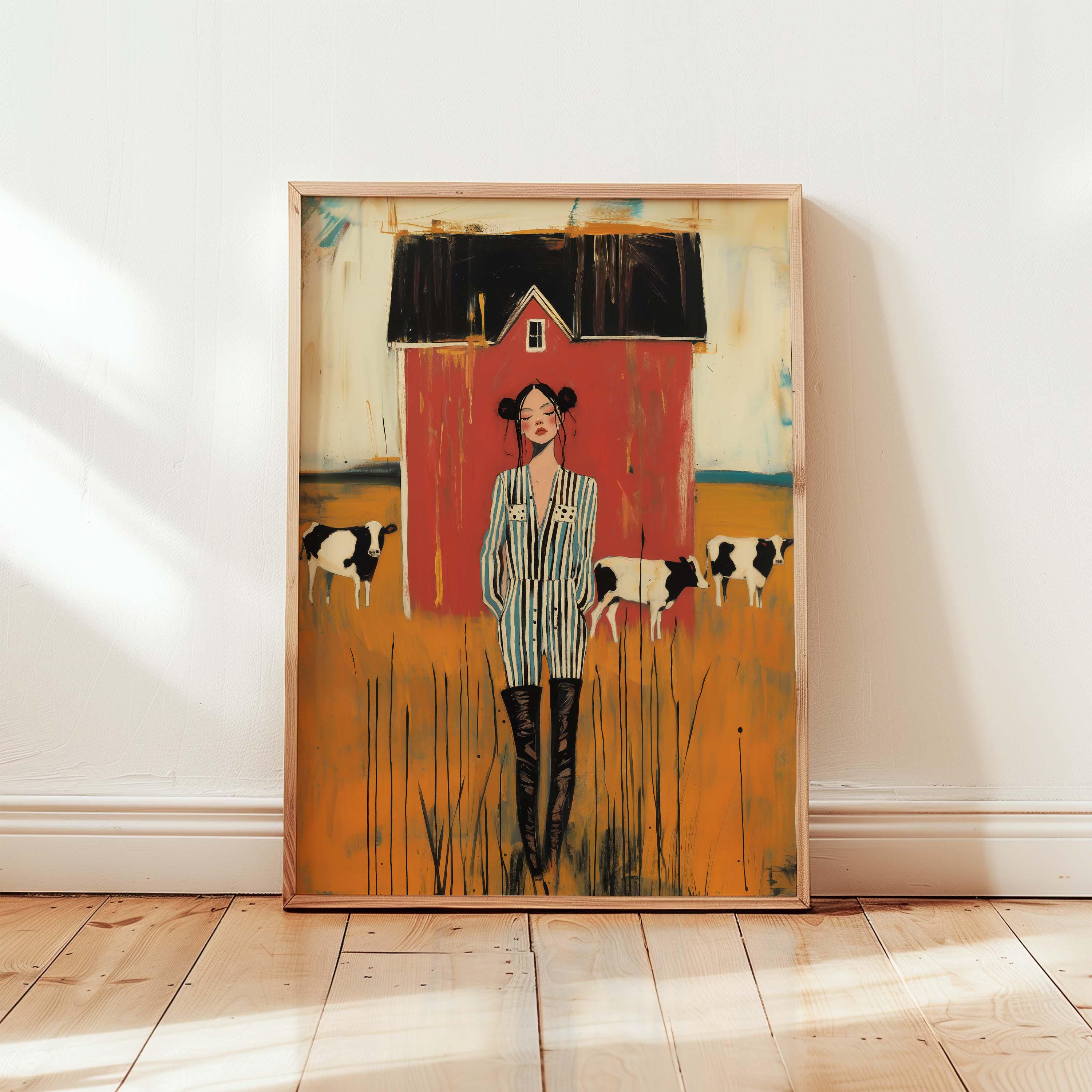 Farmhouse Girl Print Country Fashion Wall Art Modern Cow Print Red Barn ...