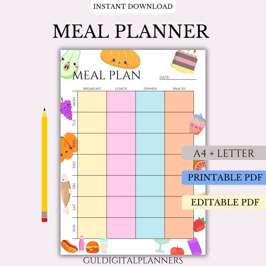 Weekly Meal Planner for Kids Printable Food Diary Meal - Etsy