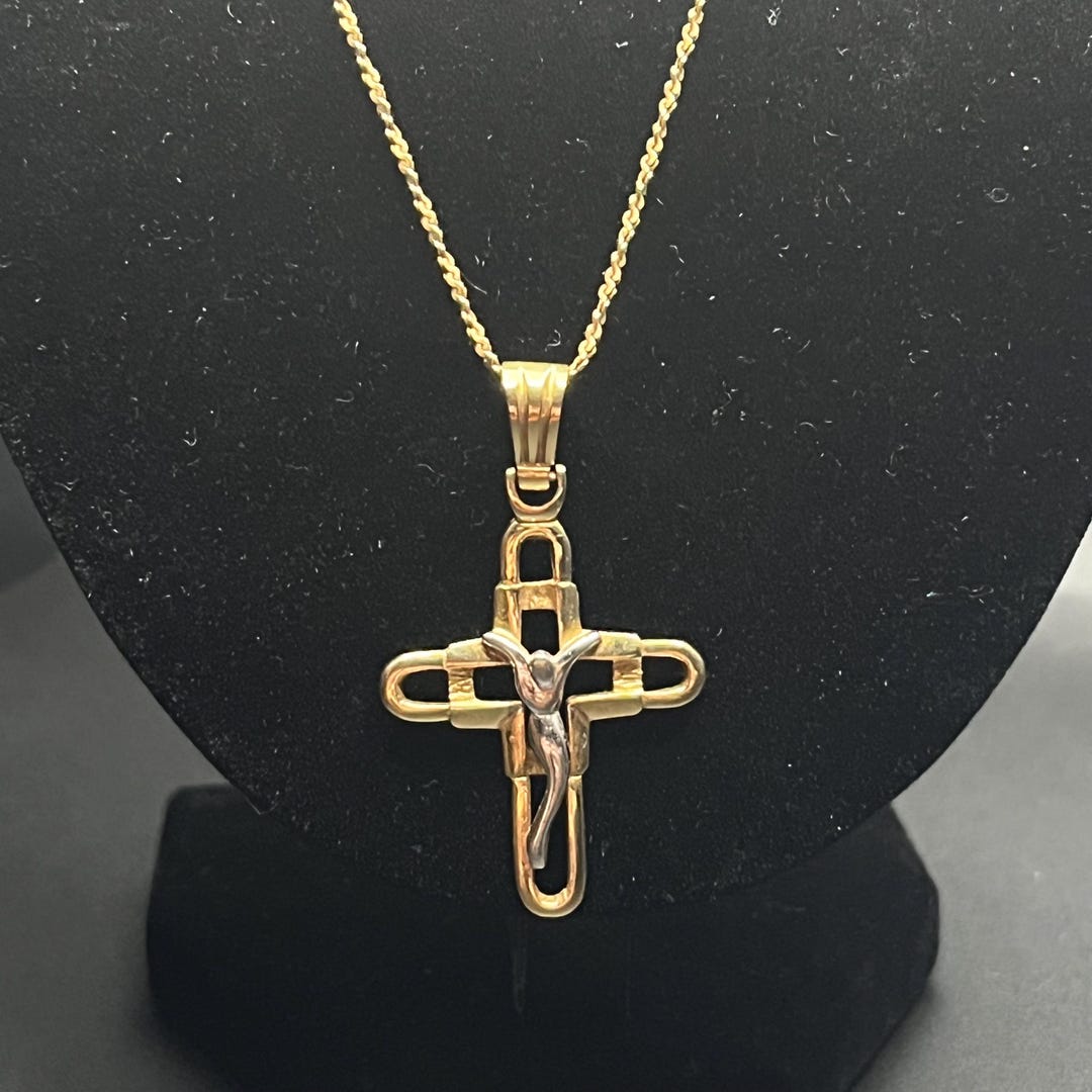 14kt Solid Gold Cross Necklace // Crucifix Pendant // Long Twisted ...
