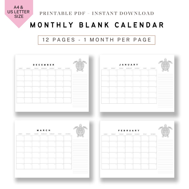Monthly Blank Calendar, Simple Calendar, A4 / US Letter, Horizontal ...