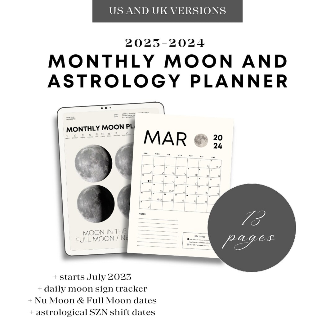Monthly Moon and Astrology Planner (GMT/PST), July 2023-july 2024 ...