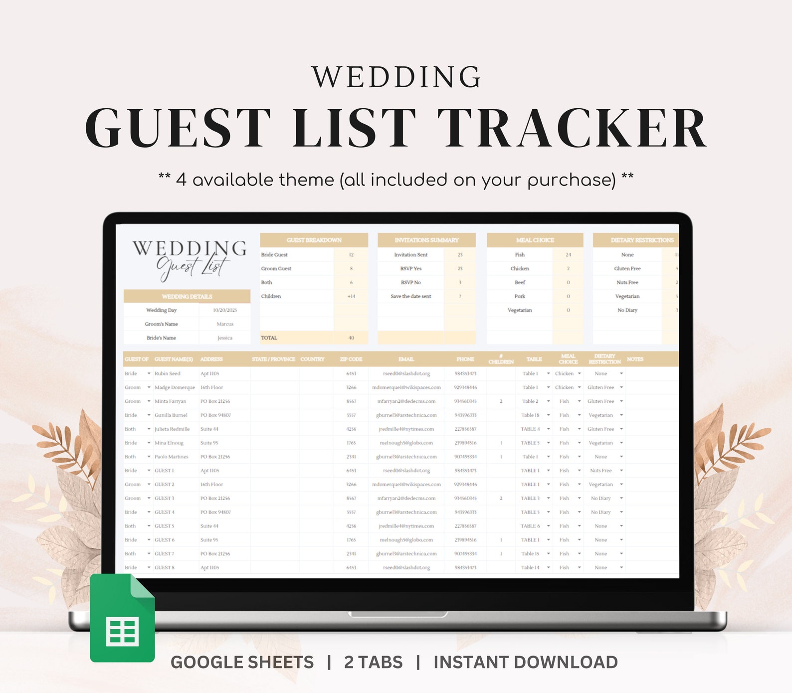 New Wedding Guest List Tracker | Wedding Guest List Google Sheets ...