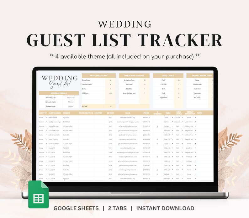 New Wedding Guest List Tracker | Wedding Guest List Google Sheets ...