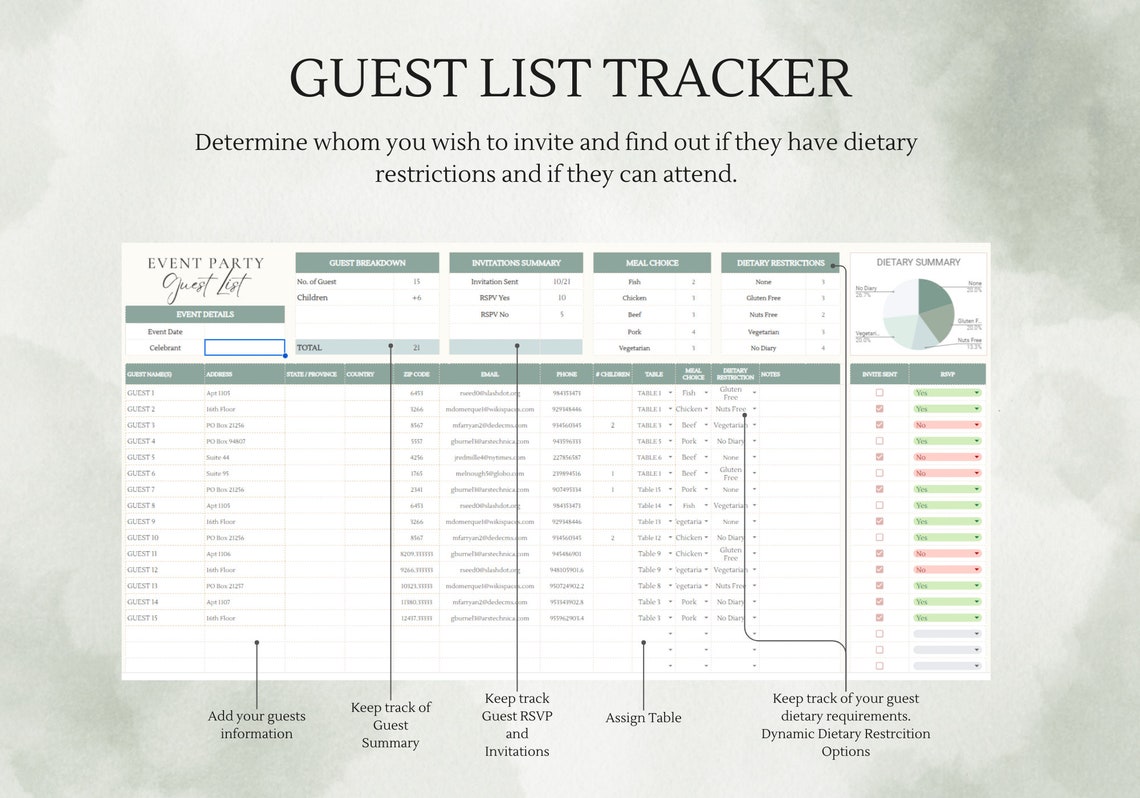 Party Guest List Spreadsheet: Event Guest Tracker (digital Download) - Etsy