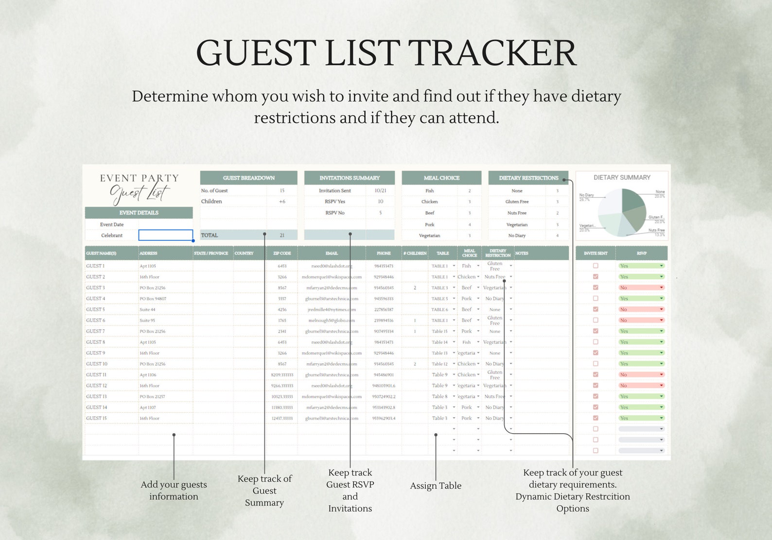 Party Guest List Spreadsheet, Any Event Guest List Spreadsheet, Digital ...