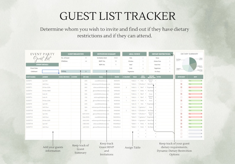 Party Guest List Spreadsheet, Any Event Guest List Spreadsheet, Digital Guest List, Guest List ...