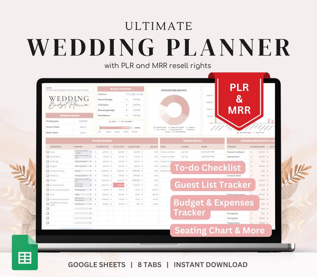 PLR Wedding Planner Spreadsheet Limited Quantity | Commercial Use PLR ...