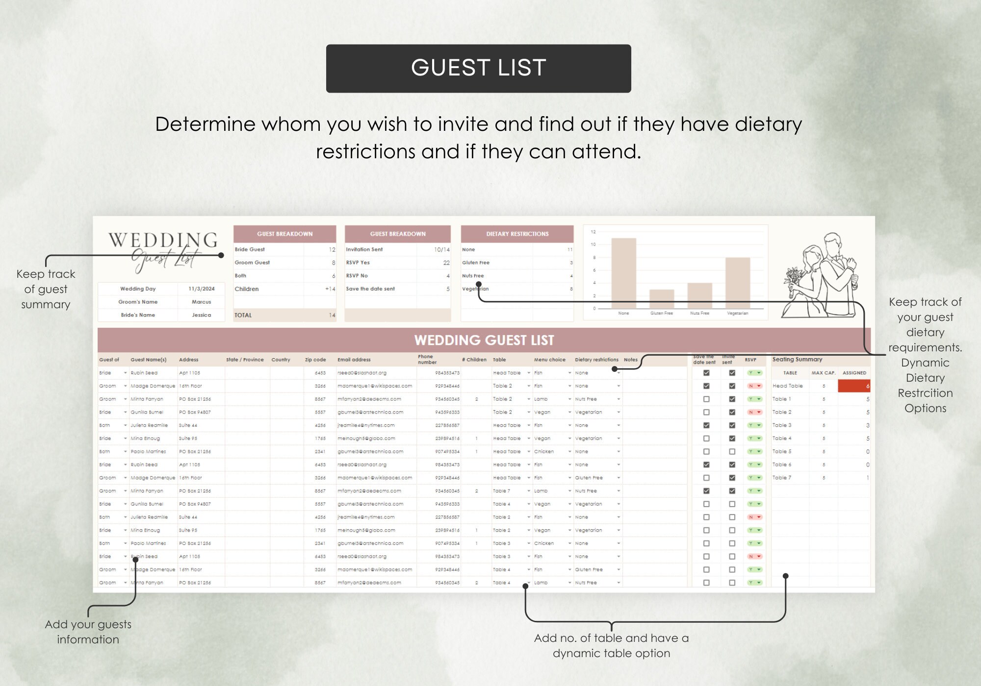 Wedding Guest List Template Wedding Guest List Google Sheets Digital ...