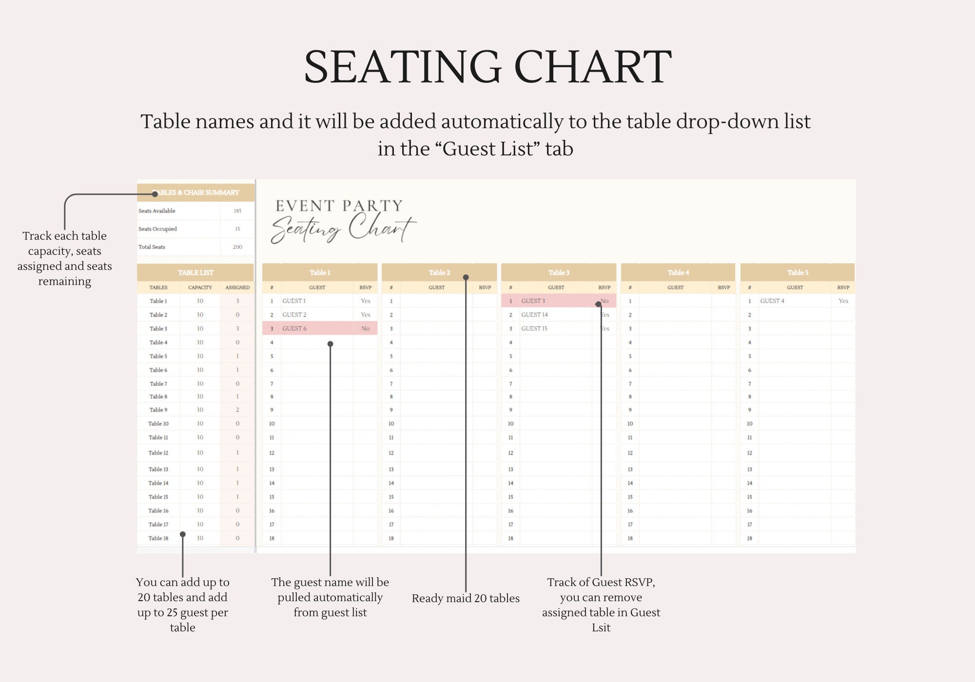 Party Guest List Spreadsheet, Any Event Guest List Spreadsheet, Digital ...
