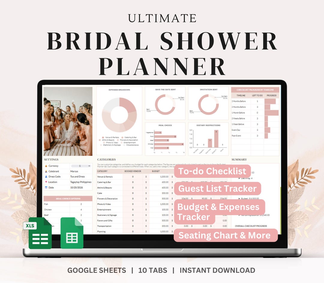 Bridal Shower Planning Spreadsheet: Guest List, Budget, Timeline ...