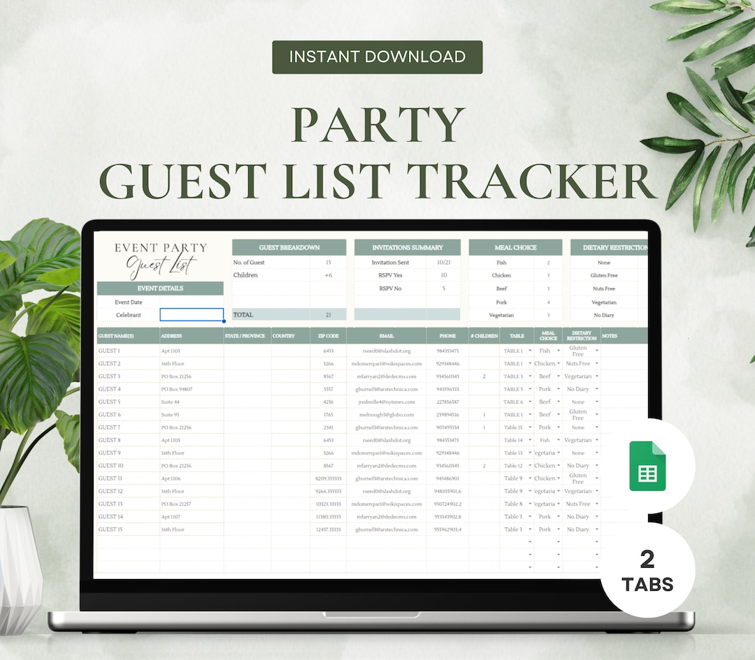 Party Guest List Spreadsheet: Event Guest Tracker (digital Download) - Etsy