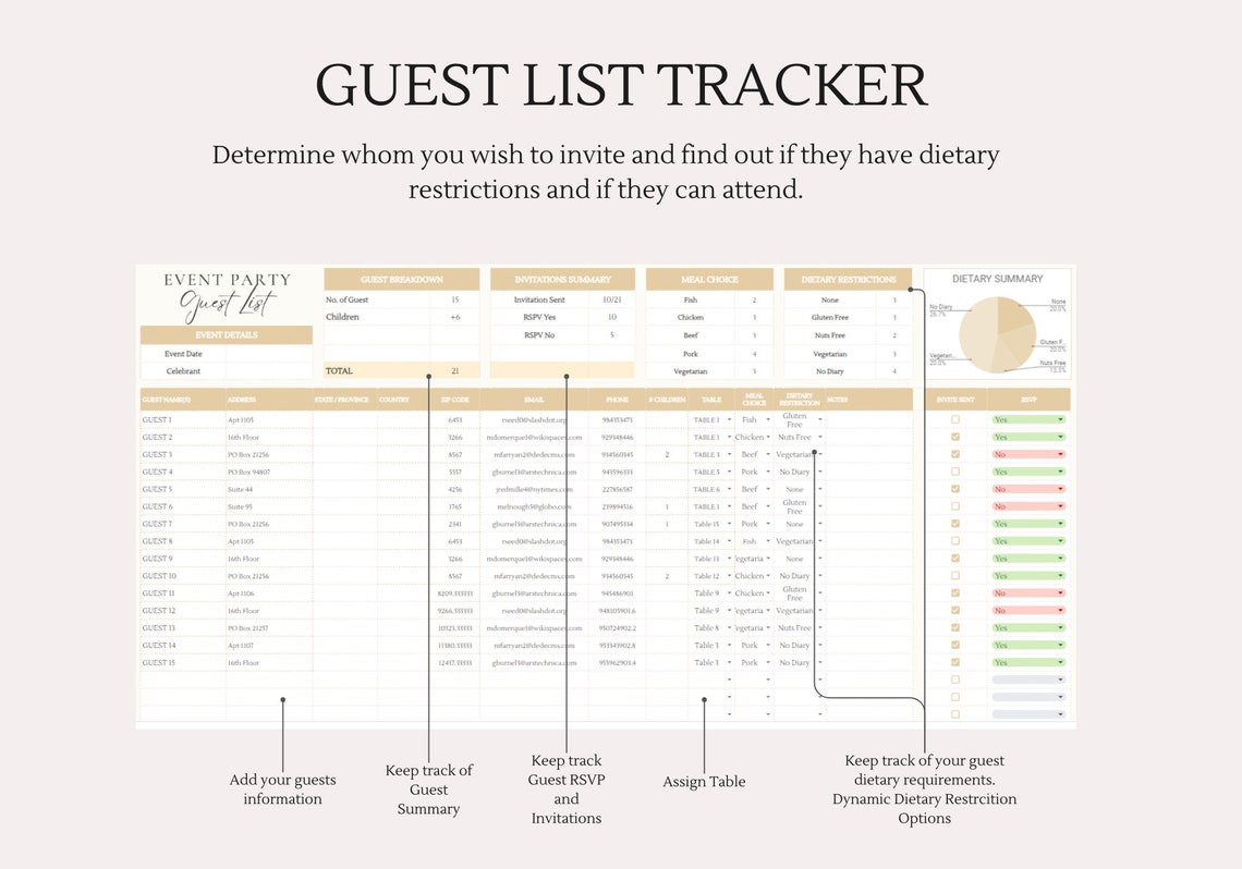 Party Guest List Spreadsheet, Any Event Guest List Spreadsheet, Digital ...