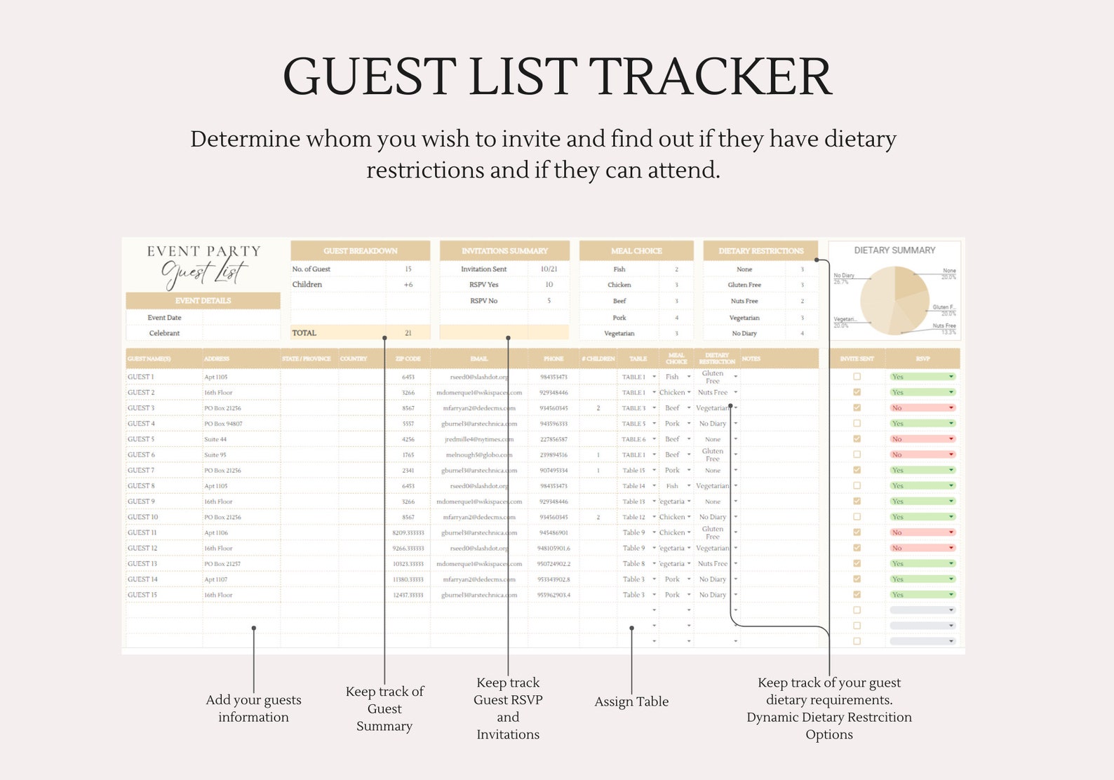 Party Guest List Spreadsheet, Any Event Guest List Spreadsheet, Digital ...