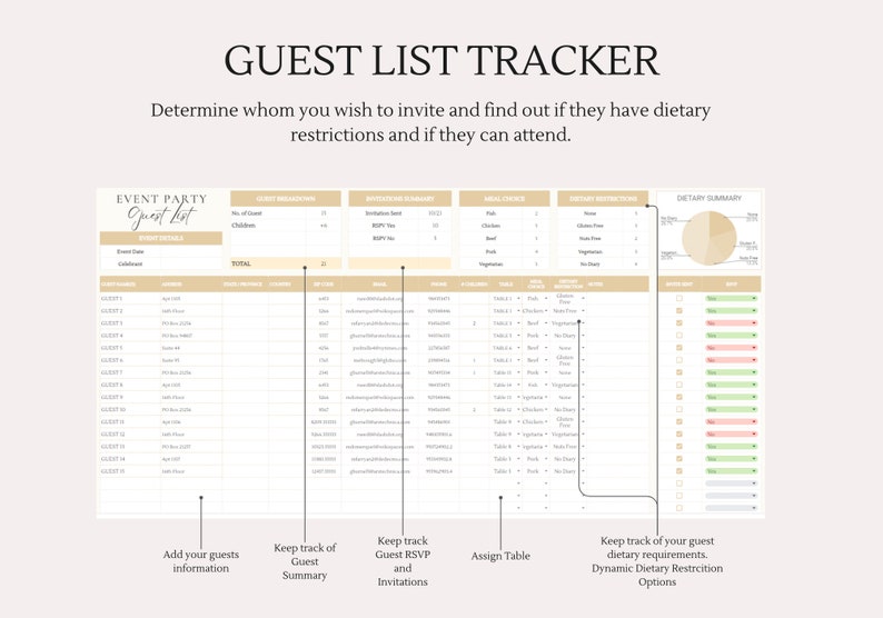 Party Guest List Spreadsheet: Event Seating Chart (digital Download) - Etsy