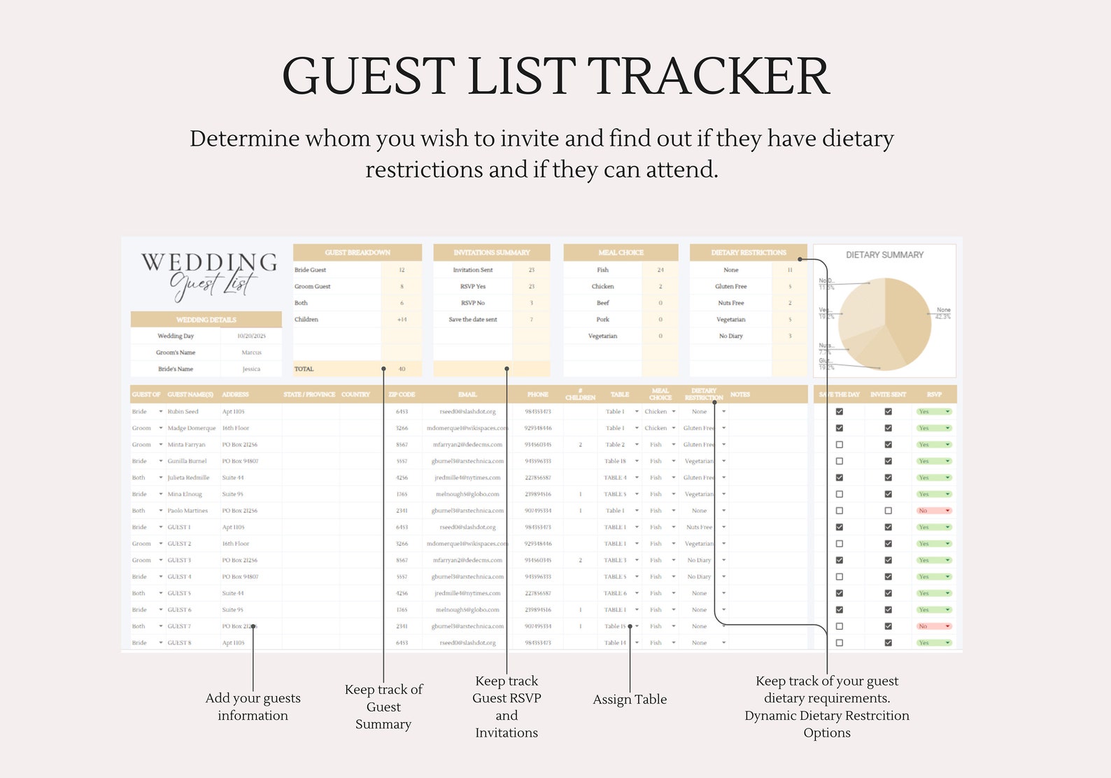 New Wedding Guest List Tracker | Wedding Guest List Google Sheets ...