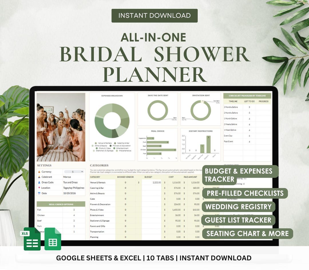 Bridal Shower Planner Spreadsheet | Google Sheets & Excel | Budget ...