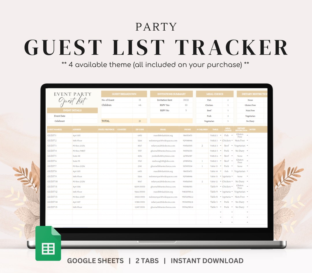 Party Guest List Spreadsheet, Any Event Guest List Spreadsheet, Digital ...