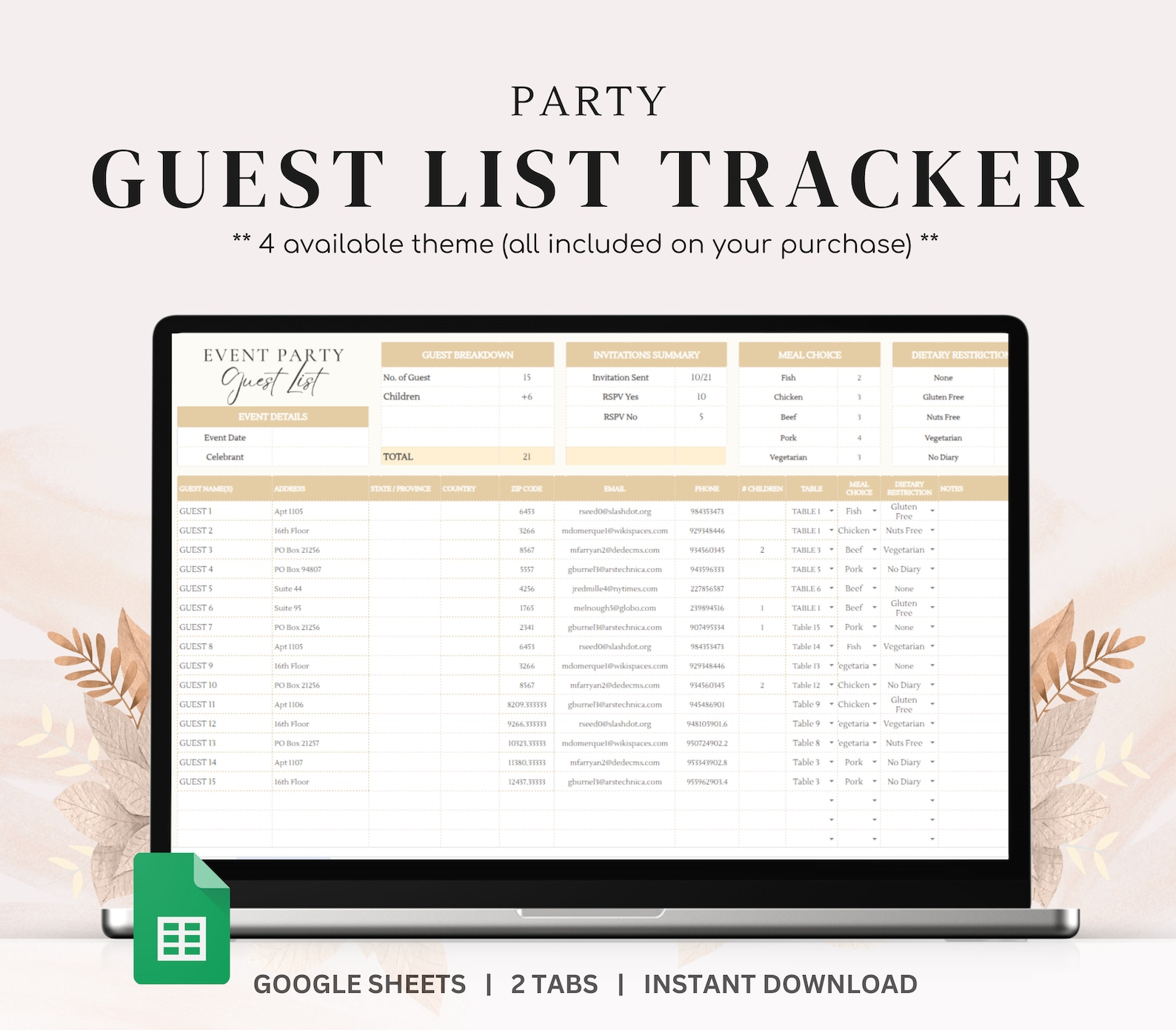 Party Guest List Spreadsheet, Any Event Guest List Spreadsheet, Digital ...