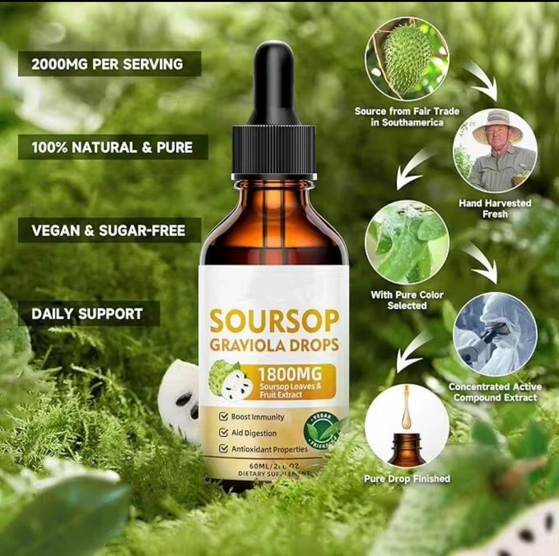 100% Pure Graviola Soursop Liquid Drops 1800mg Fruit & Leaf Herbal ...