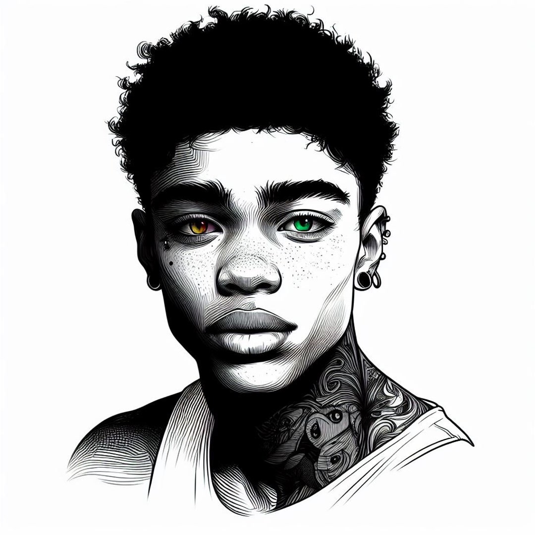 Bruno Portrait With Green Eyes - Hand-drawn Neck Tattoo Artwork ...
