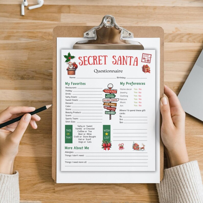 Secret Santa Questionnaire, Editable Gift Exchange Survey Template ...